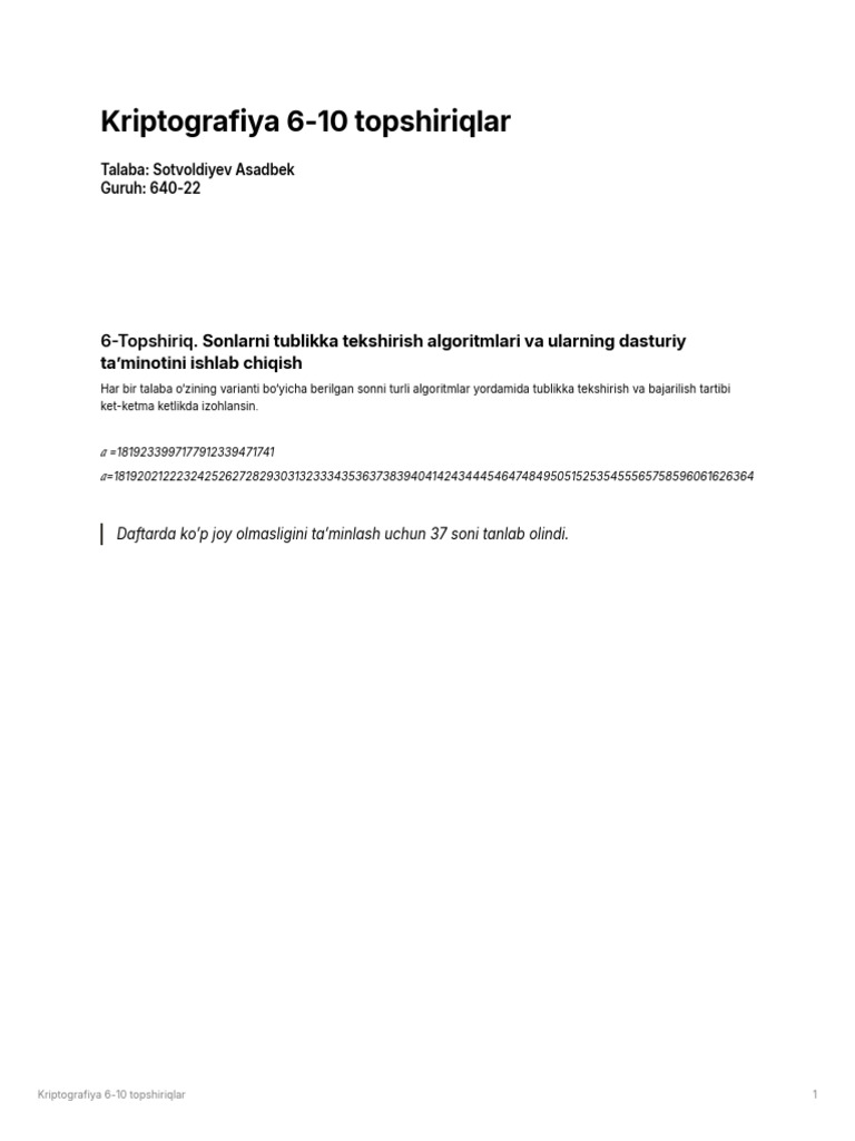 Kriptografiya: Algoritmlar va Dasturiy Ta'minot | PDF