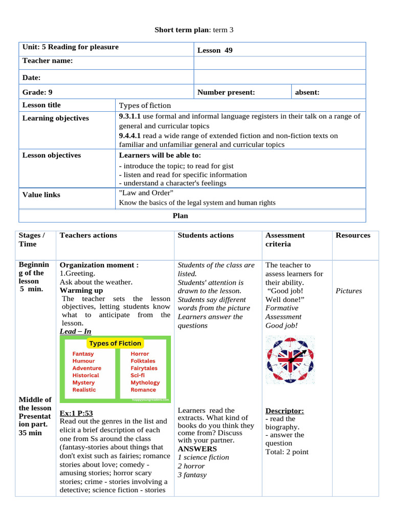 Lesson Plans for Reading Fiction Unit | PDF | Curriculum | Vocabulary
