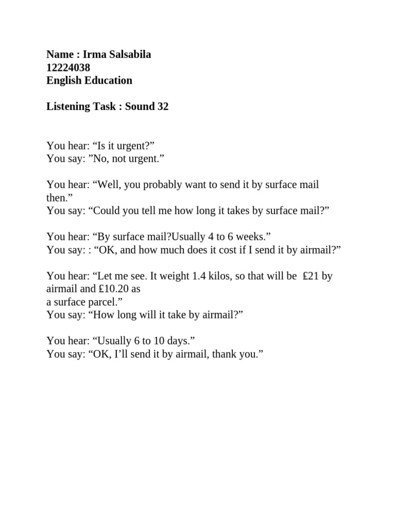 English Listening Task: Mail Options | PDF