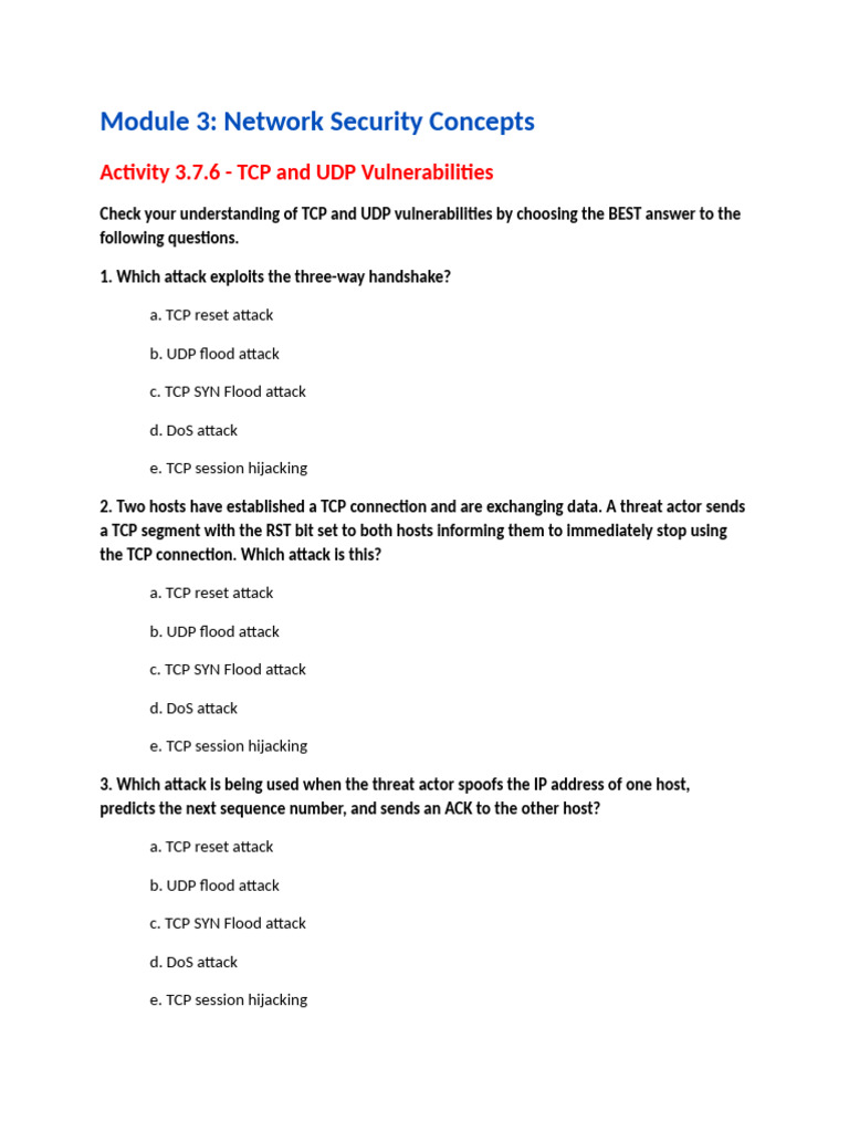 TCP and UDP Vulnerabilities Quiz | PDF