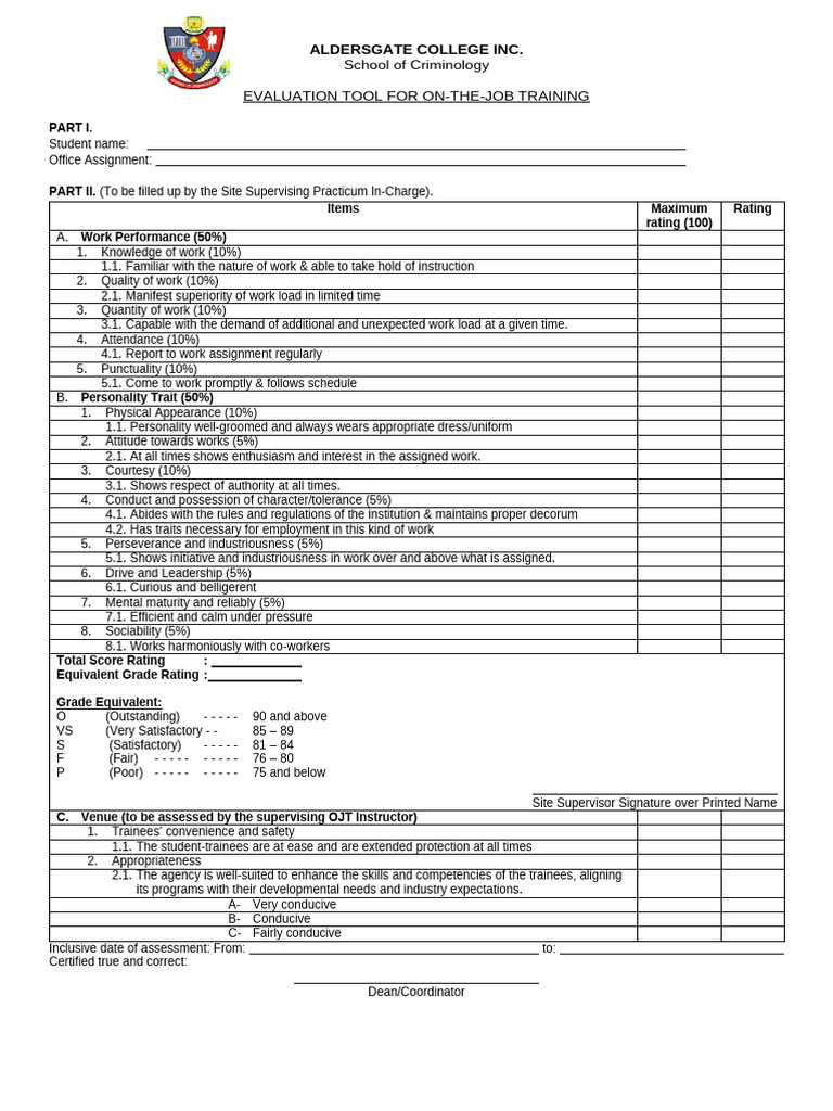 OJT Evaluation Form Template | PDF | Behavioural Sciences | Psychology