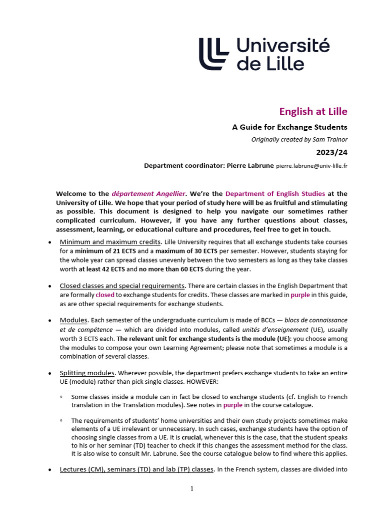 課程LLCE Anglais Exchange Guide 23-24 | PDF | Master's Degree