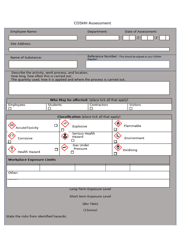 COSHH Risk Assessment Template | PDF | Hazards | Occupational Safety ...