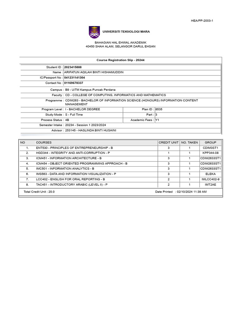 Course Registration Slip (With Group) | PDF