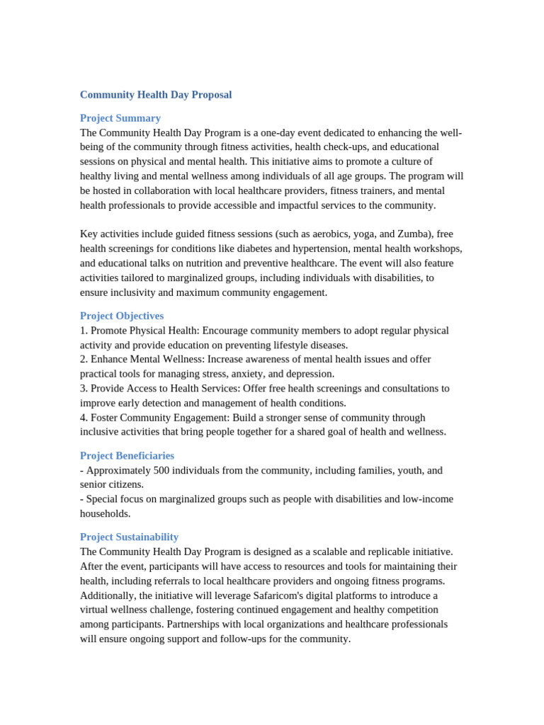 Community Health Day Initiative Proposal | PDF | Physical Fitness ...