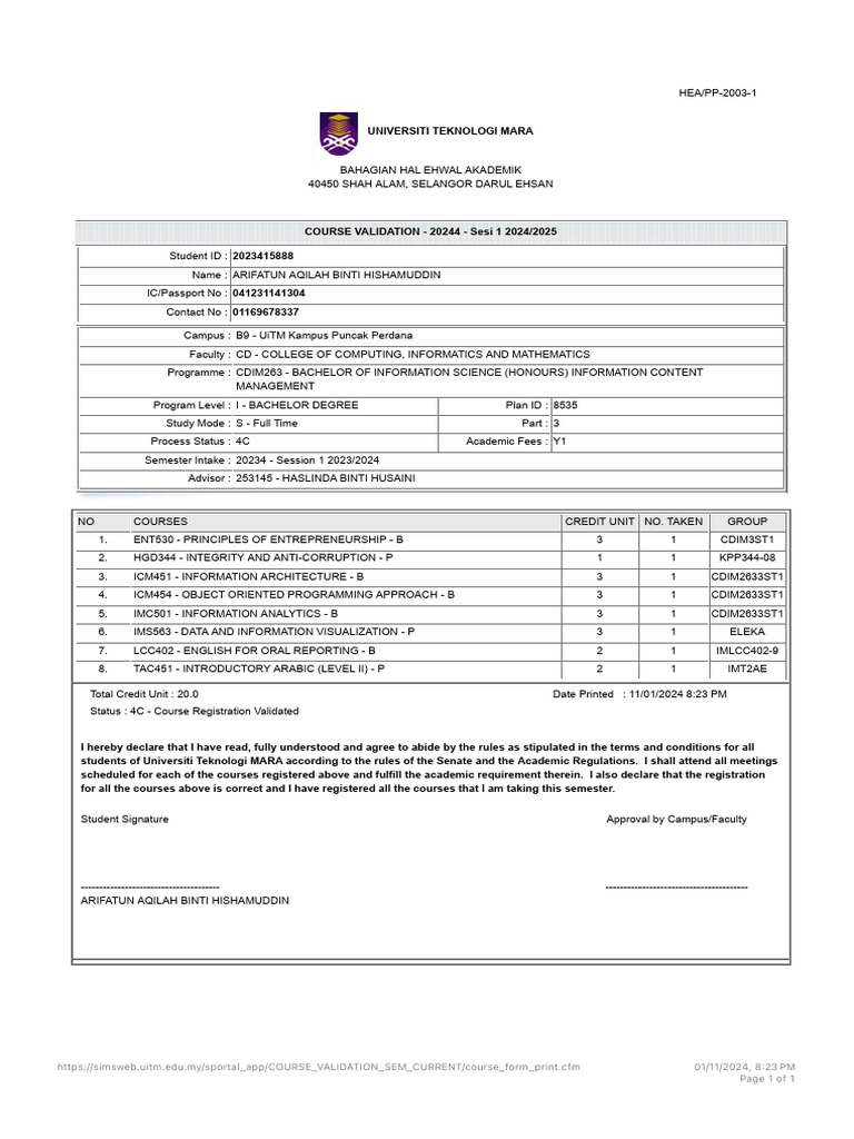 Course Registration Slip - Final | PDF