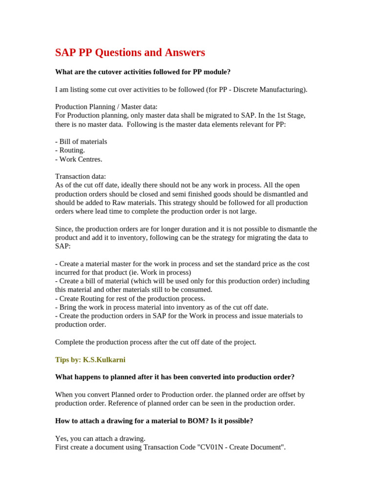 SAP PP Cutover Activities Guide | PDF | Percentage | Production And ...