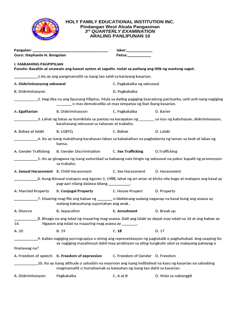 grade 10 3rd quarter exam | PDF