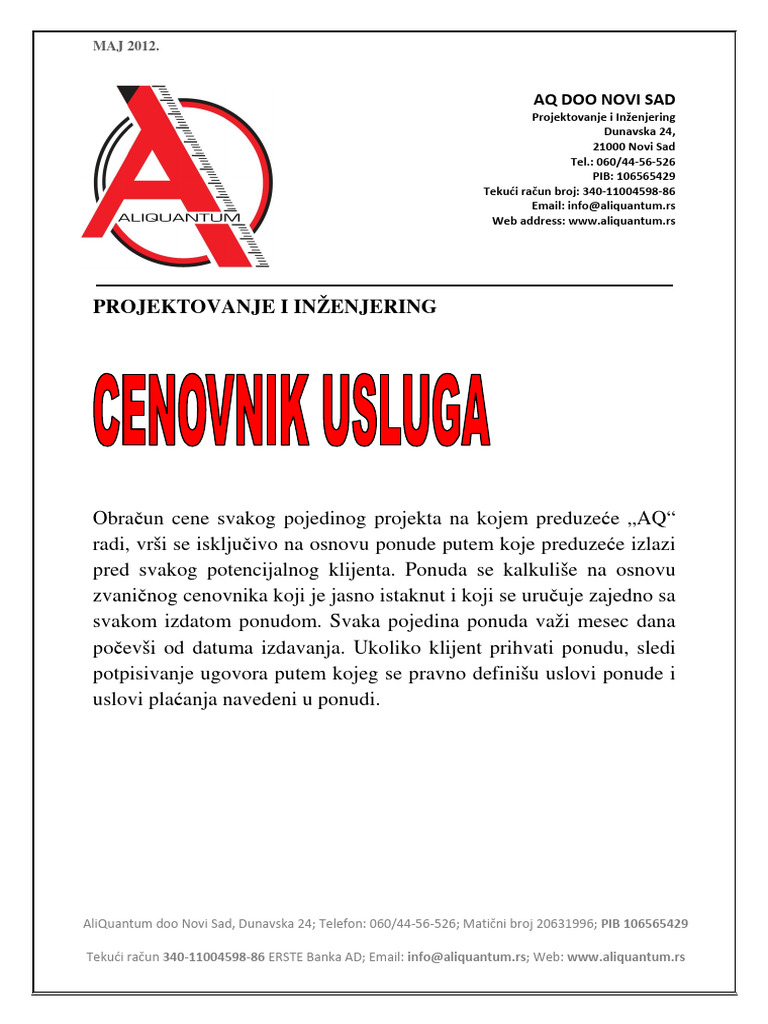 Cenovnik Aliquantum Doo Projektovanje I Inženjering Cene | PDF