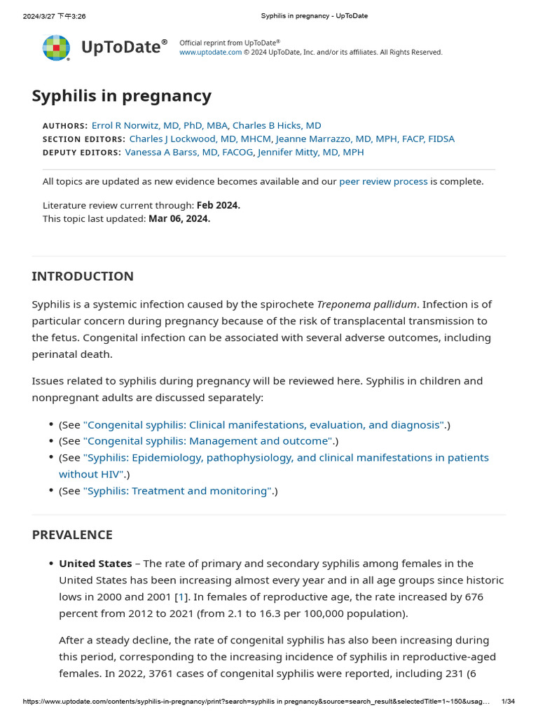 Syphilis in Pregnancy - UpToDate | PDF | Allergy | Pregnancy