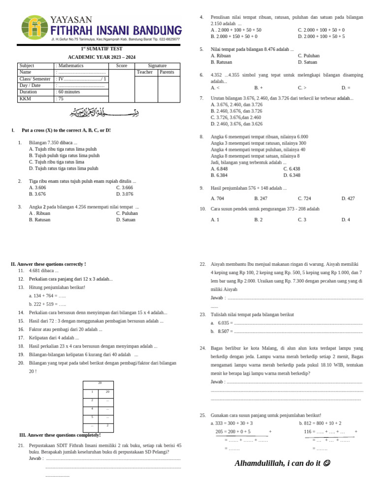 PH 1 Math Bil - Cacah 4th 2324 | PDF