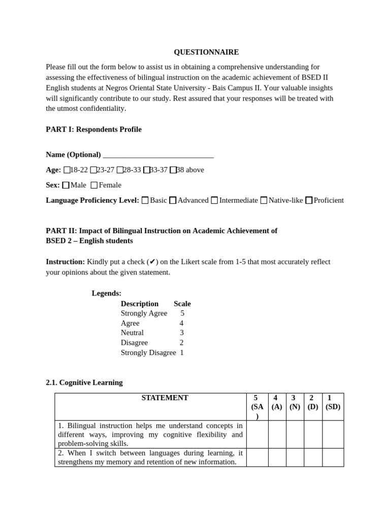 QUESTIONNAIRE | PDF | Multilingualism | Learning