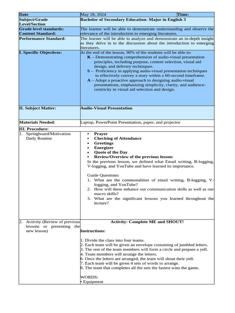 Audio-Visual Presentation Lesson Plan | PDF | Multimedia | Cognition