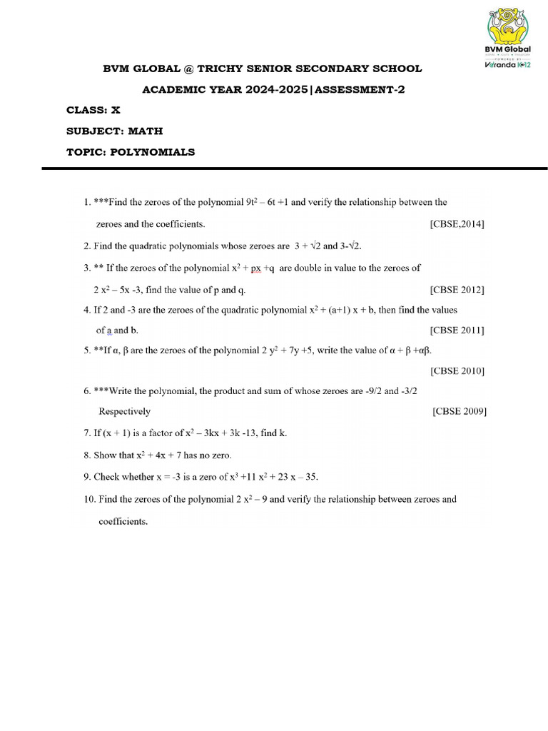 Grade 10 polynomial revision questions | PDF