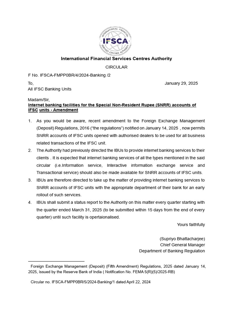 Jan. 29, 2025-IFSCA Cir-Internet Banking For SNNR Accounts | PDF