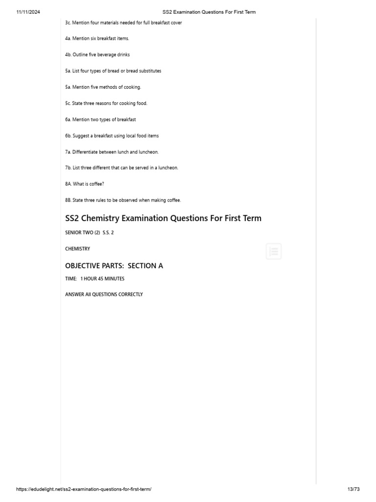 SS2 CHM Examination Questions For First Term | PDF | Periodic Table | Redox
