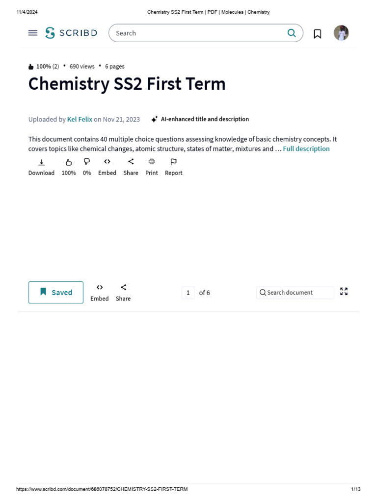 Chemistry SS2 First Term - PDF - Molecules - Chemistry | PDF | Chemistry | Molecules