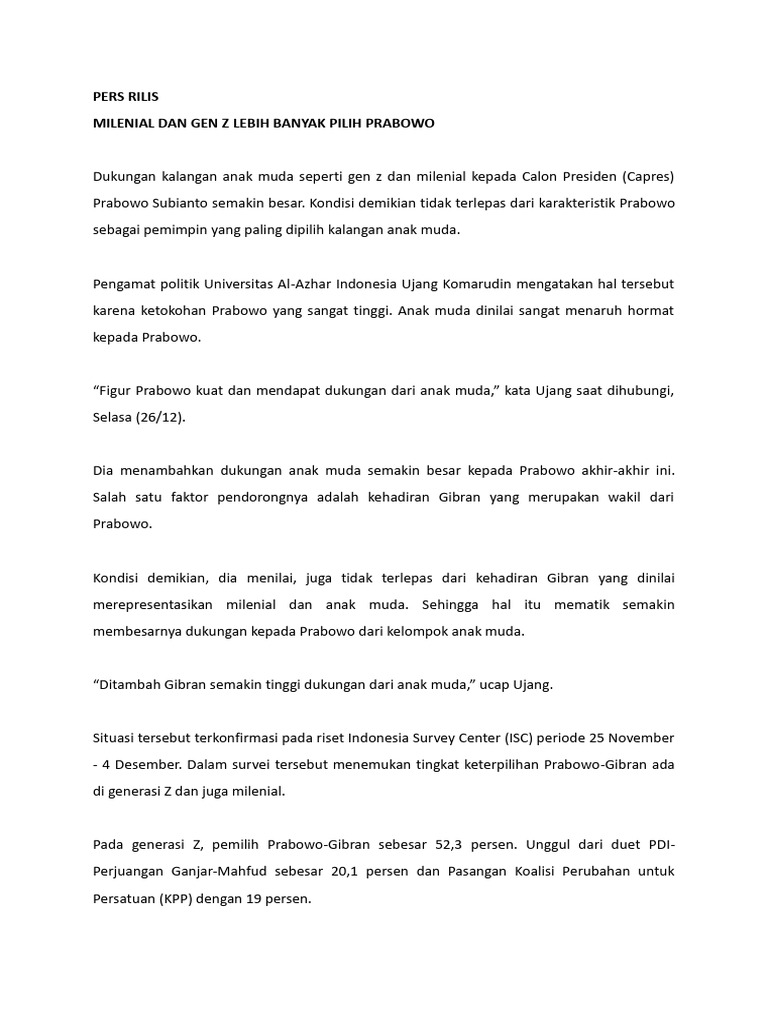 Pers Rilis - Milenial Dan Genz Lebih Banyak Pilih Prabowo | PDF