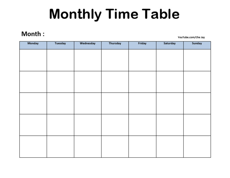 Monthly Time Table-Che Jay.Youtube | PDF