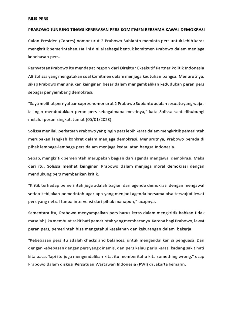 Rilis Pers - Prabowo Junjung Tinggi Kebebasan Pers Komitmen Bersama Kawal Demokrasi | PDF