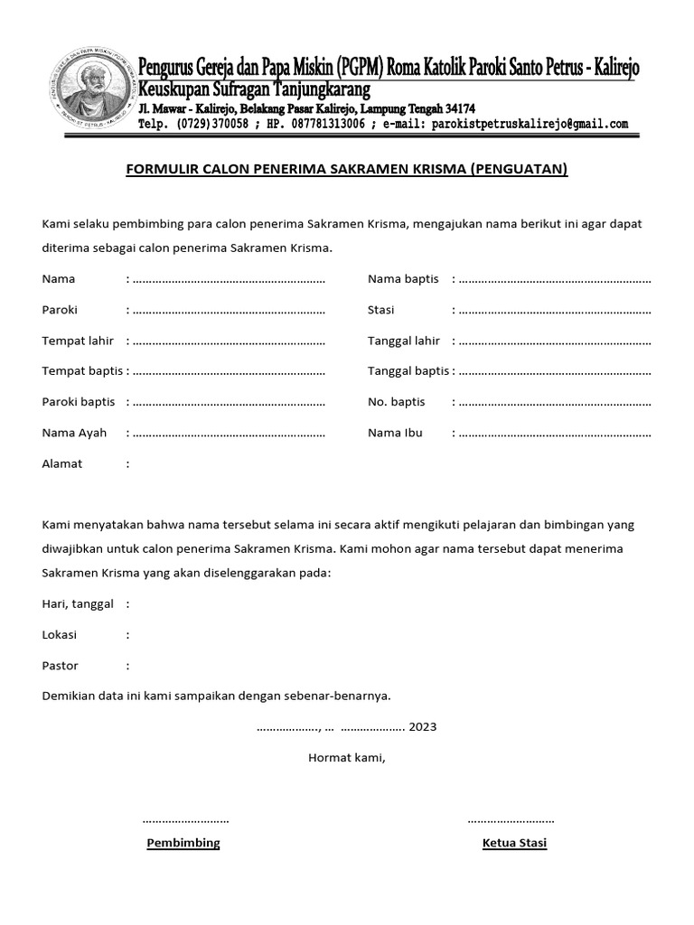 Formulir Calon Penerima S. Krisma Paroki St. Petrus Kalirejo | PDF