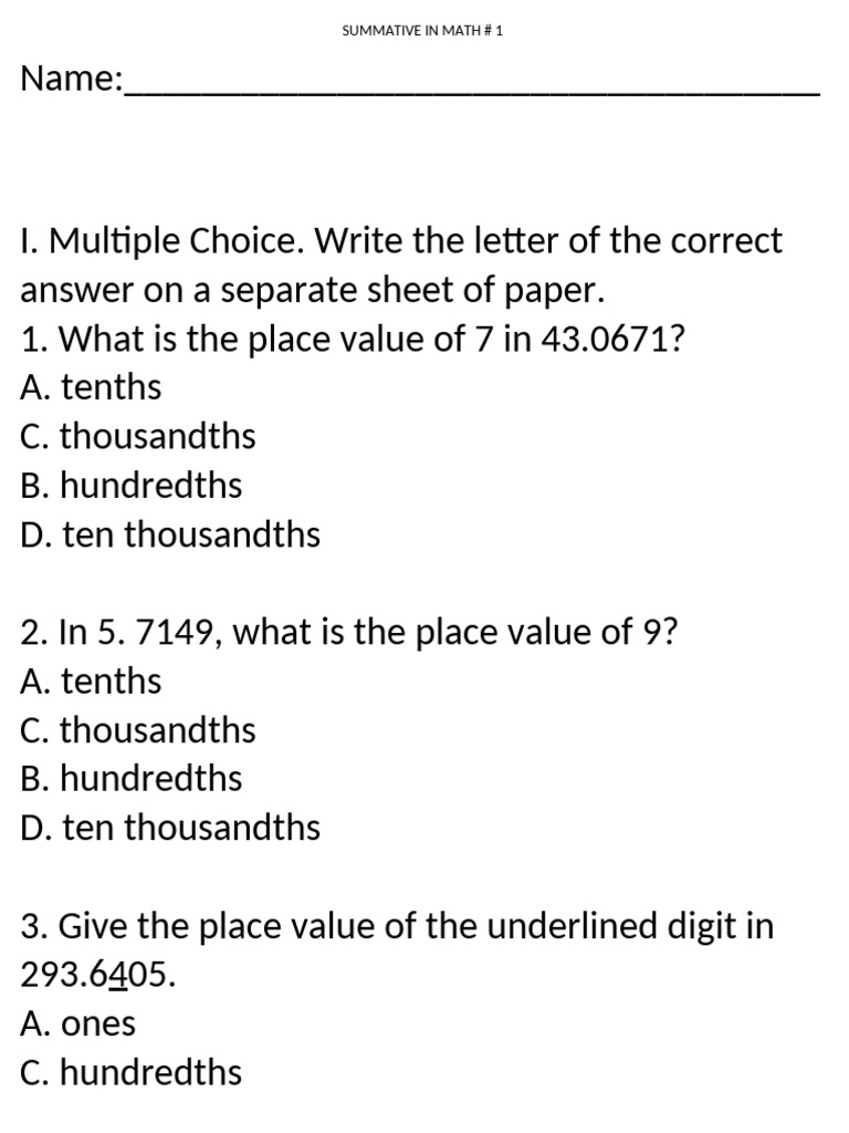 SUMMATIVE TEST IN MATH 1and 2 | PDF | Numbers | Arithmetic