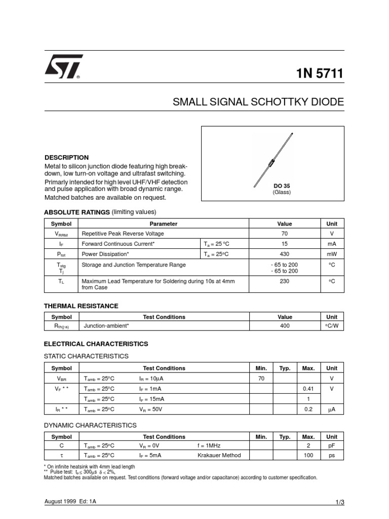 1N5711 Schottky Diode Datasheet | PDF