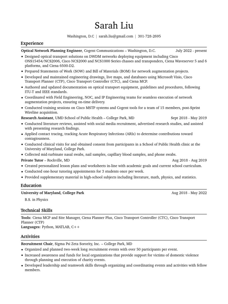 Optical Network Engineer Resume | PDF