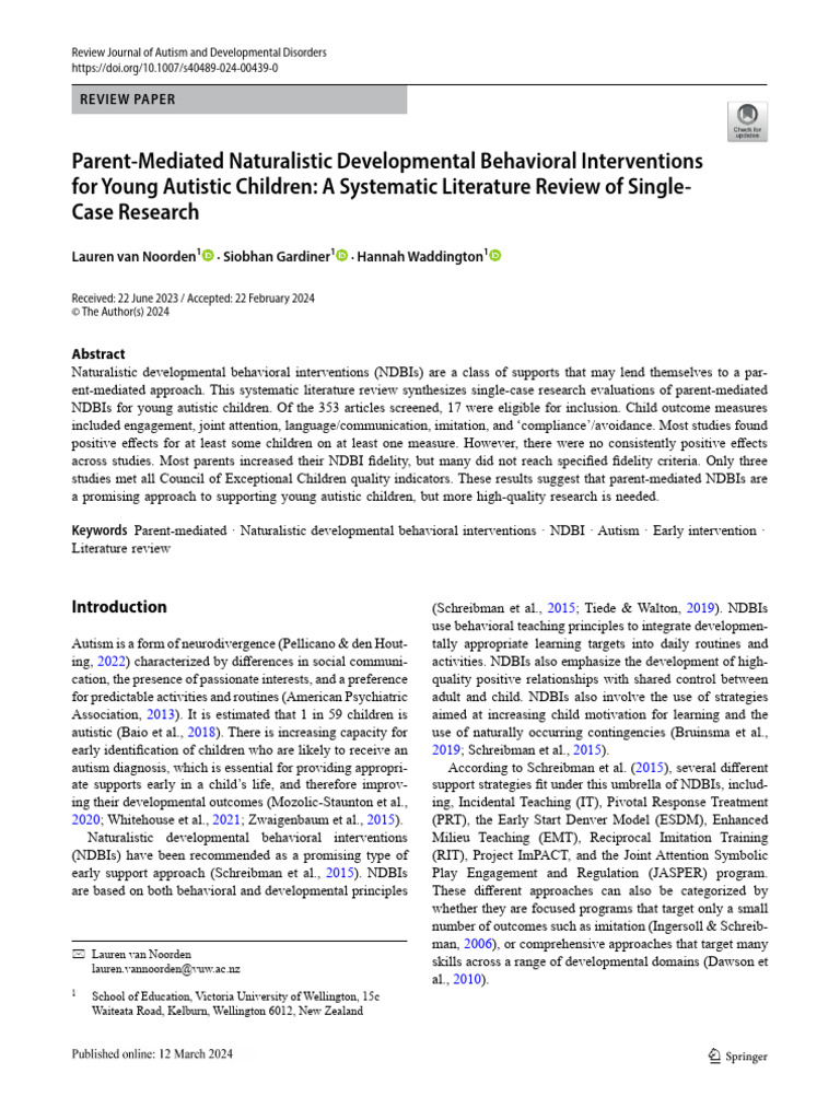 Parent-Mediated Naturalistic Developmental Behavioral Interventions For Young Autistic Children ...