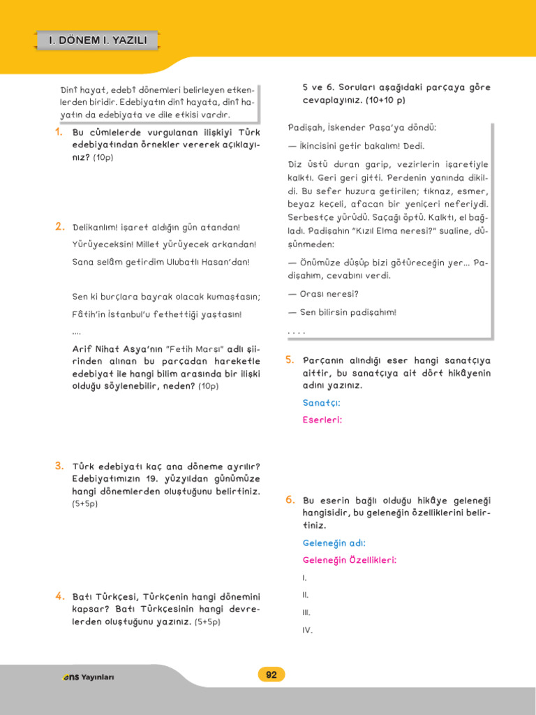 10.sinif Turk Dili Ve Edebiyati Dersi 1.donem 1.yazili Sorulari Ve Cevaplari | PDF
