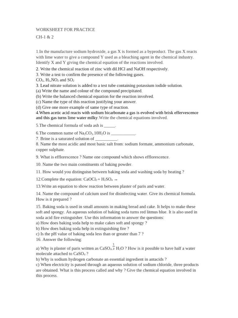 Class X Worksheet 1 | PDF | Sodium Carbonate | Sodium Bicarbonate
