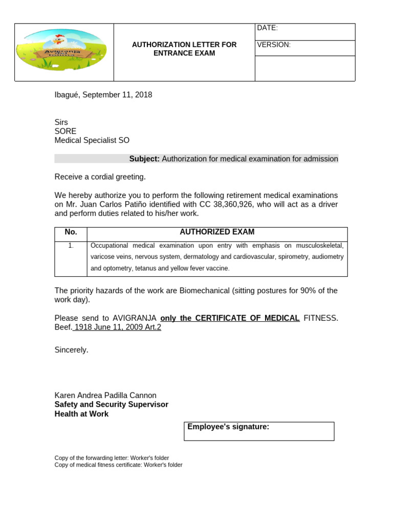 Authorization For Entrance Exam | PDF