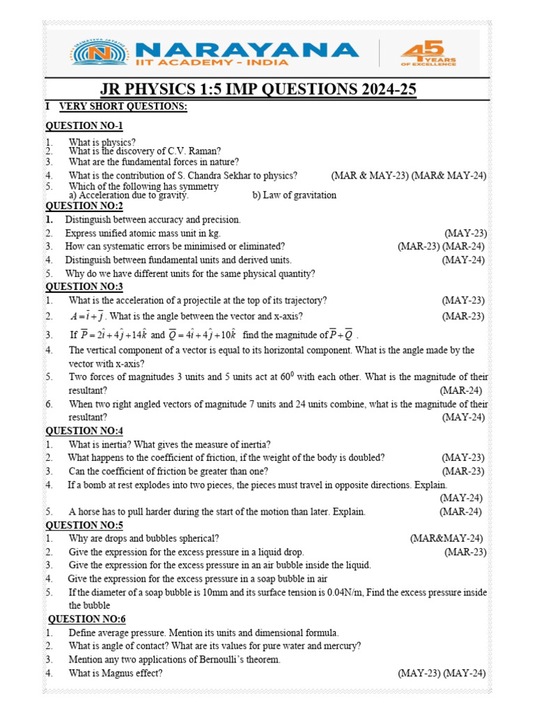 TS - JR - Physics - Imp Questions 2024-25 | PDF | Collision | Force