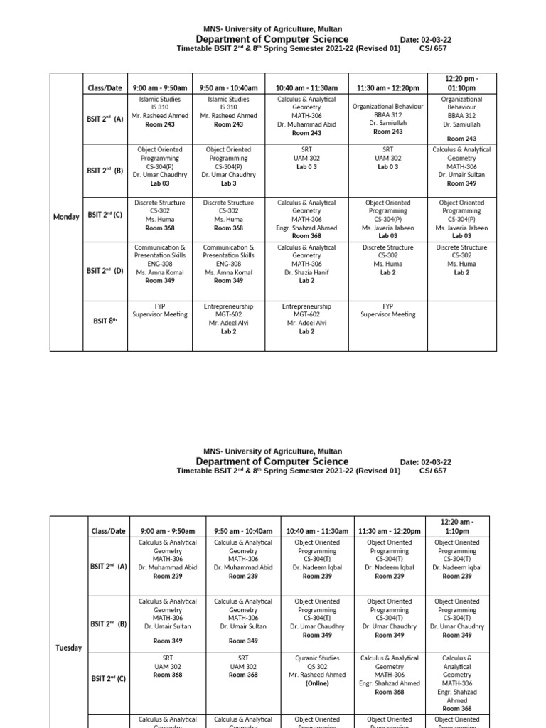 BSIT 2nd & 8th Time Table Spring 2022 W.E.F 21-02-2022 | PDF | Mathematics
