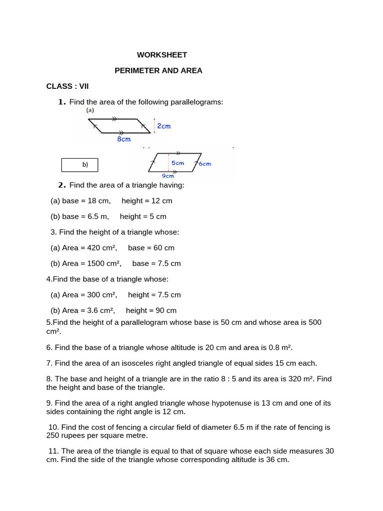 Area and Perimeter Worksheet for Class VII | PDF