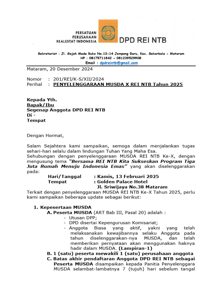 Edaran Musda X Rei NTB 2025 - Rek BTN | PDF