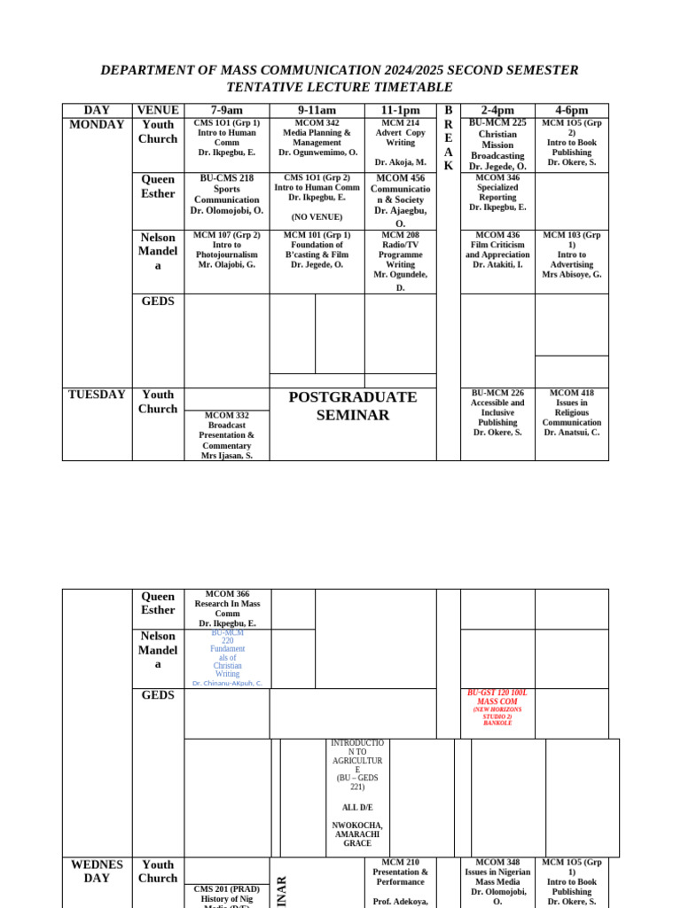 Mass Comm 2024/25 Semester 2 Timetable | PDF
