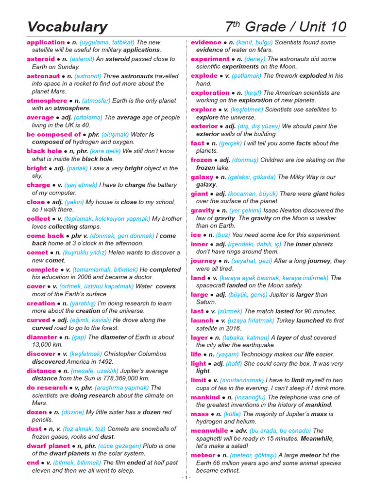 7CLASS Vocabulary List Unit10 | PDF | Planets | Jupiter