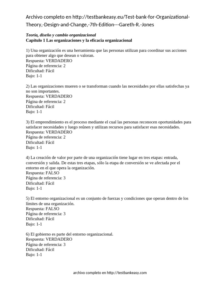 Banco de Pruebas para Teoría Organizacional, Diseño y Cambio, 7 Edición ...