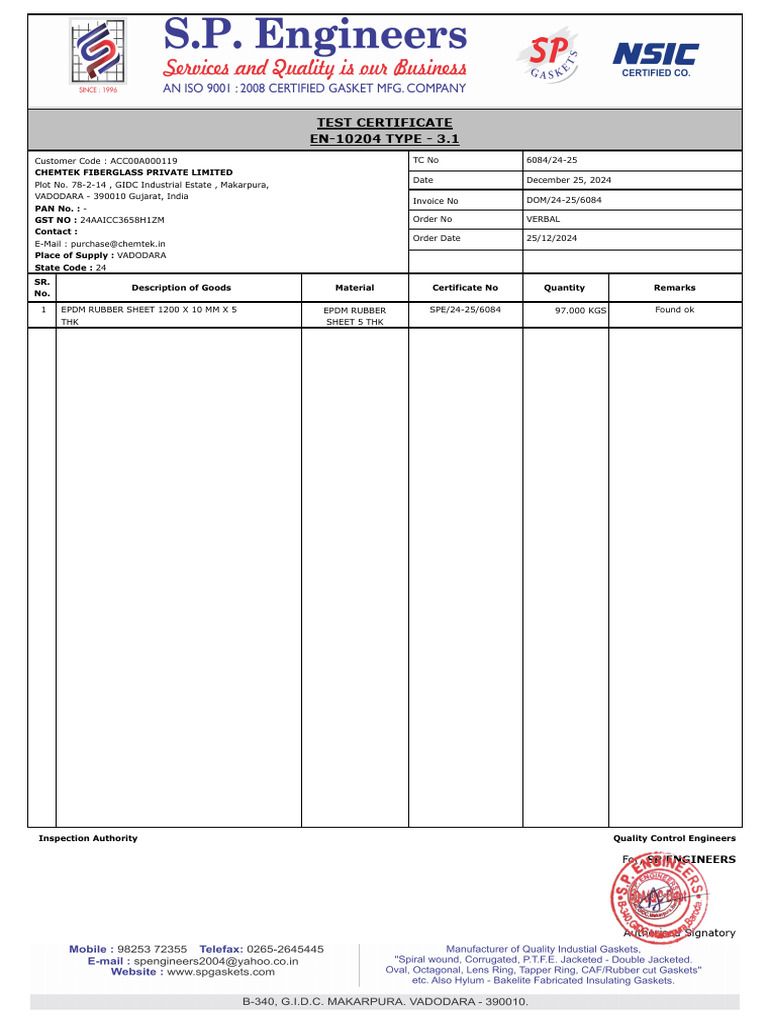 EPDM Rubber Sheet Test Certificate | PDF