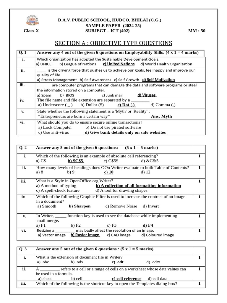 ICT Class-X Sample Paper Overview | PDF | Table (Database) | Integer ...