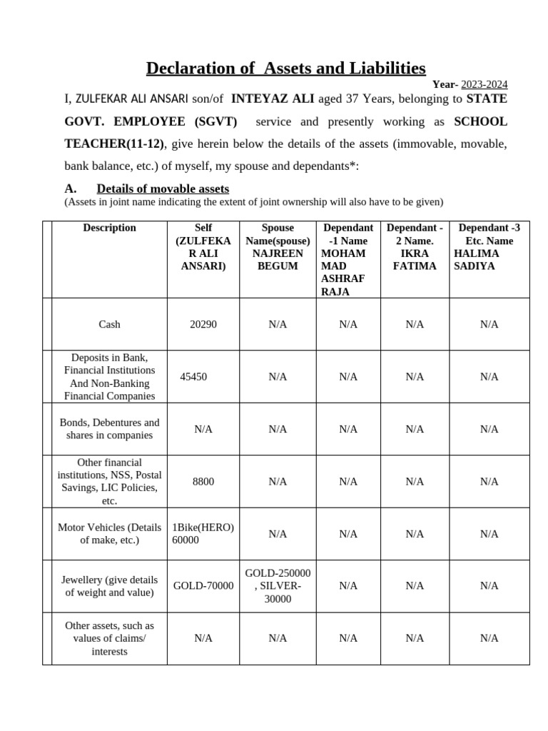 2023-2024 Asset Declaration Form | PDF | Money | Investing
