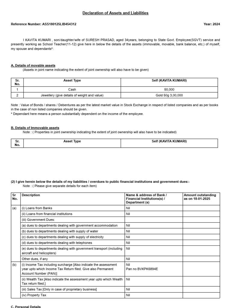 Assets and Liabilities Declaration Form | PDF | Private Sector ...