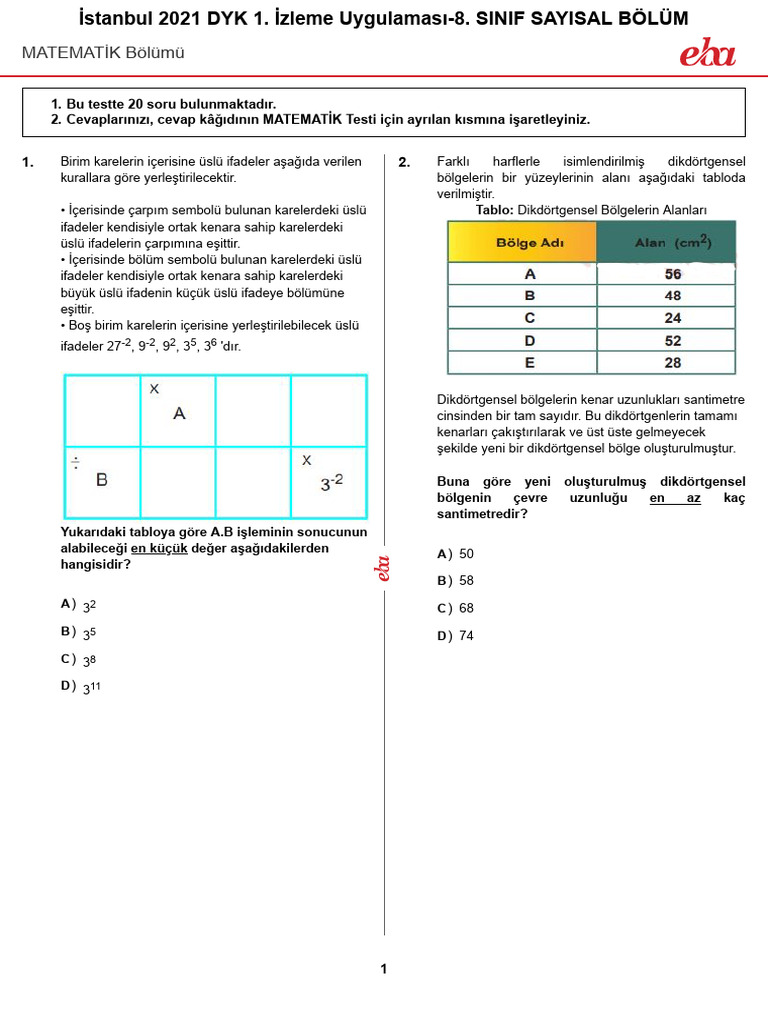 i̇stanbul-2021-dyk-1-i̇zleme-uygulaması-8-sinif-sayisal-bölüm | PDF