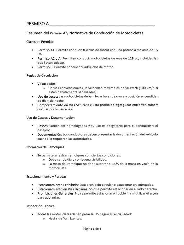 Resumen Del Permiso A PDF | PDF | Motocicleta | Vehículo de motor