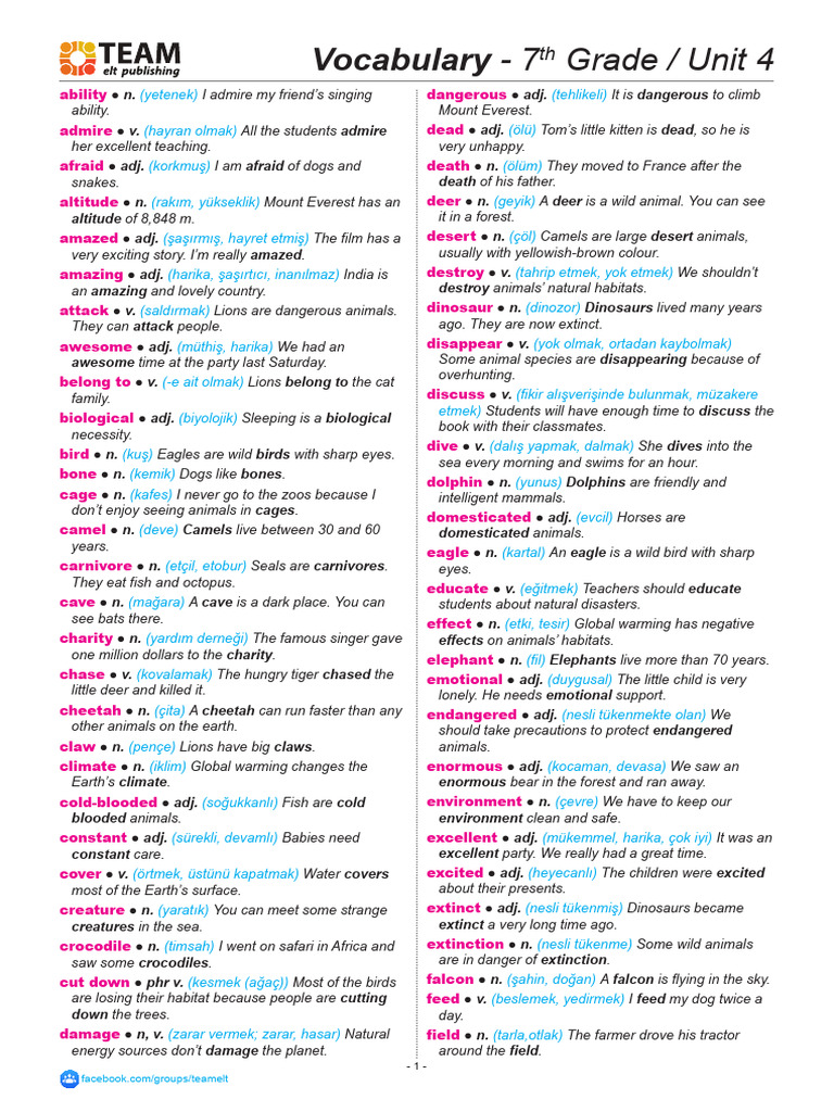 7th Grade Vocabulary Unit 4 Guide | PDF | Elephant | Pinniped