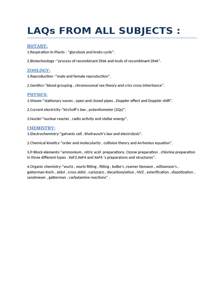 LAQs FROM ALL SUBJECTS | PDF