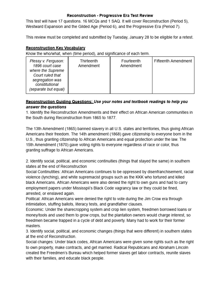 APUSH Reconstruction-Progressive Test Review | PDF | People's Party ...