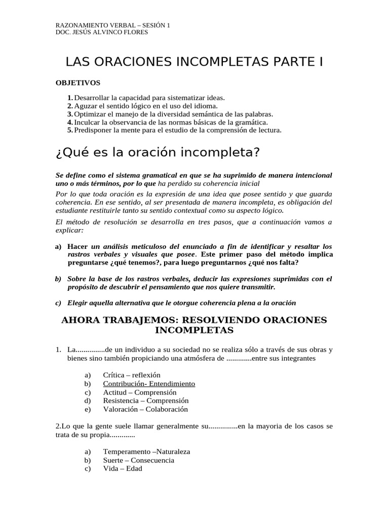 Oraciones Incompletas: Razonamiento Verbal | PDF | Oración (Lingüística ...