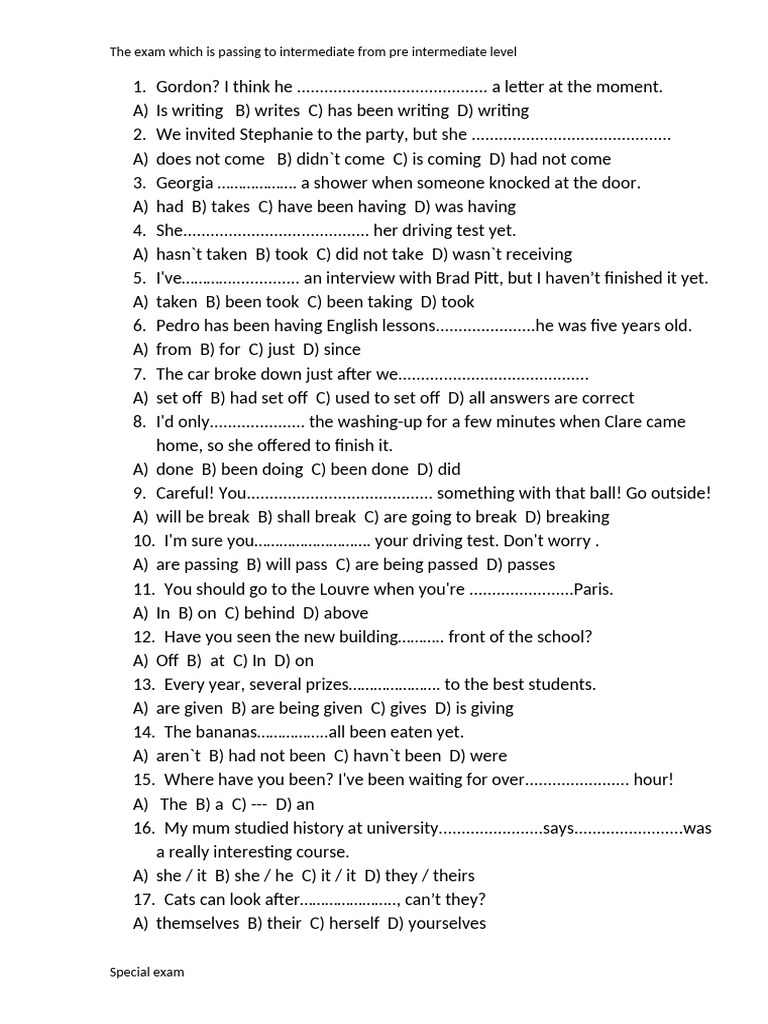Intermediate Level English Exam | PDF